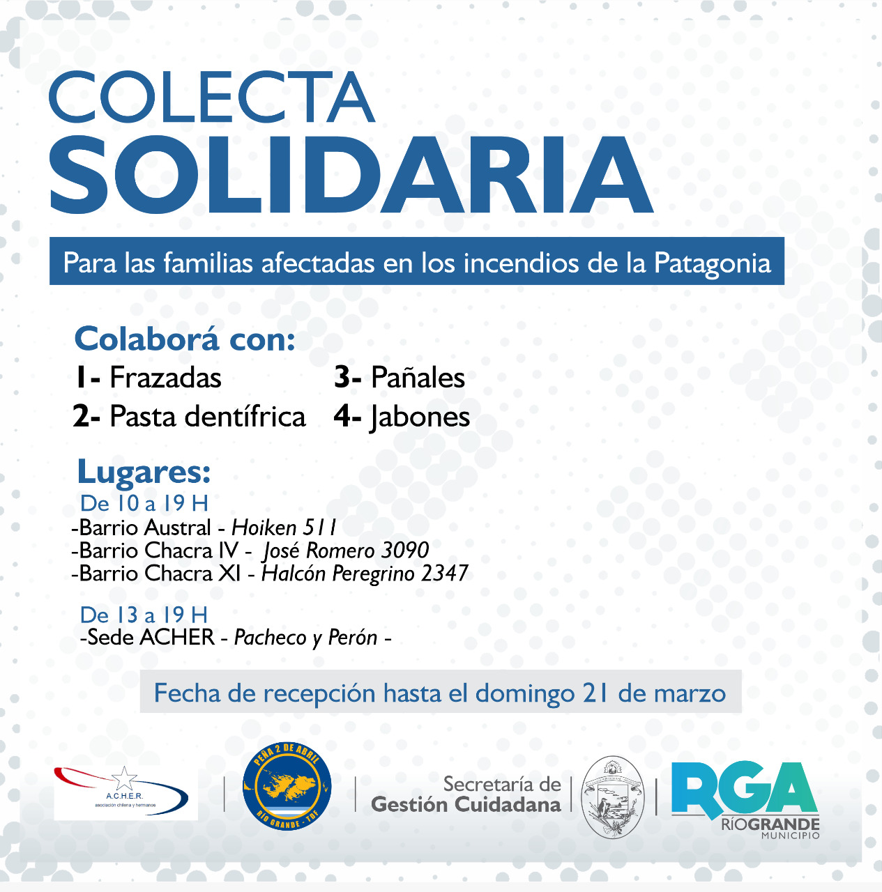 El Municipio convoca a los vecinos a sumarse a colecta solidaria